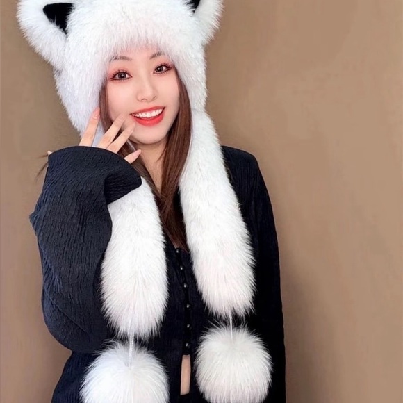 Accessories | White And Black Faux Fur Animal Ear Hat | Poshmark